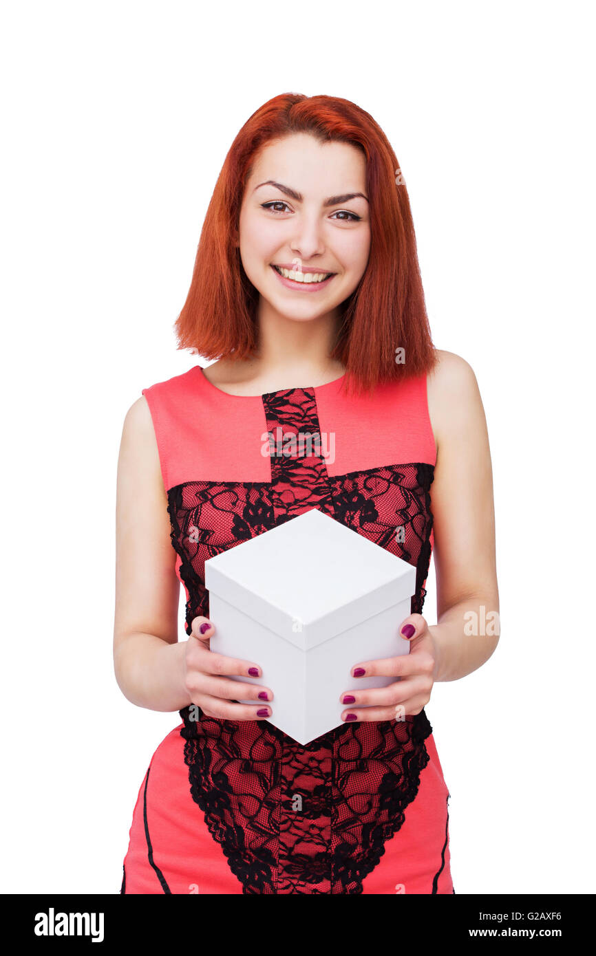 Beautiful woman in pink with box Stock Photo - Alamy