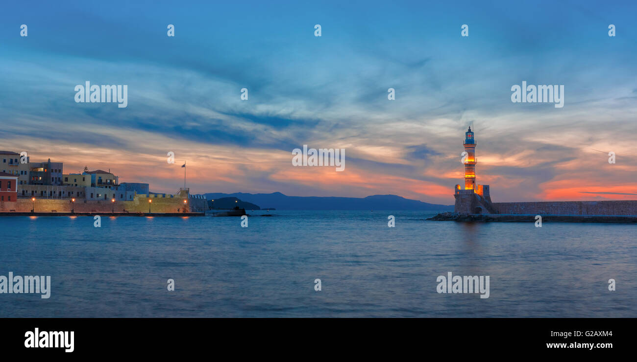Lighthouse at sunset, Chania, Crete, Greece Stock Photo - Alamy