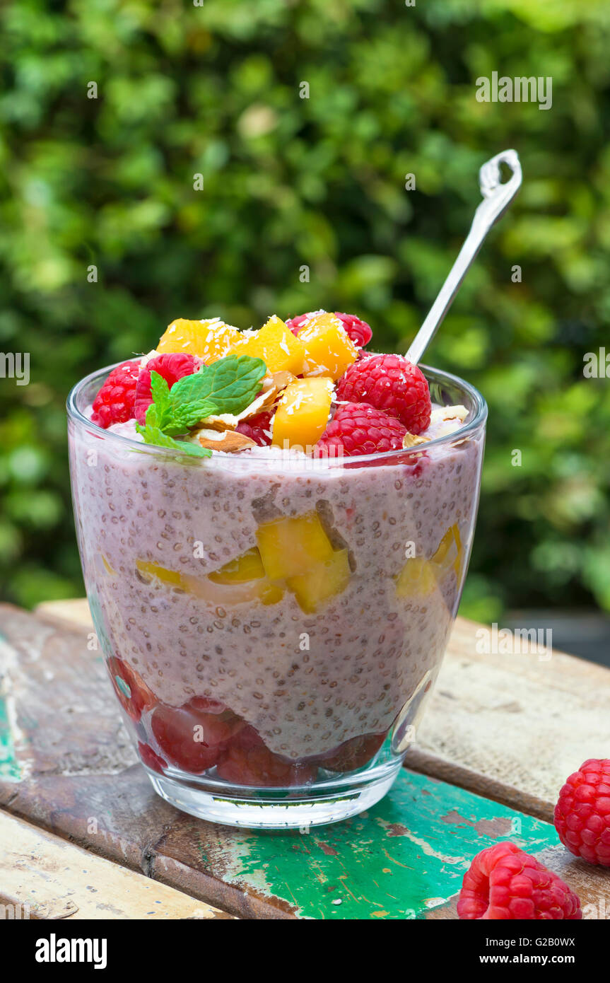 Raspberry Chia seed pudding layered and topped with fresh fruit Stock ...