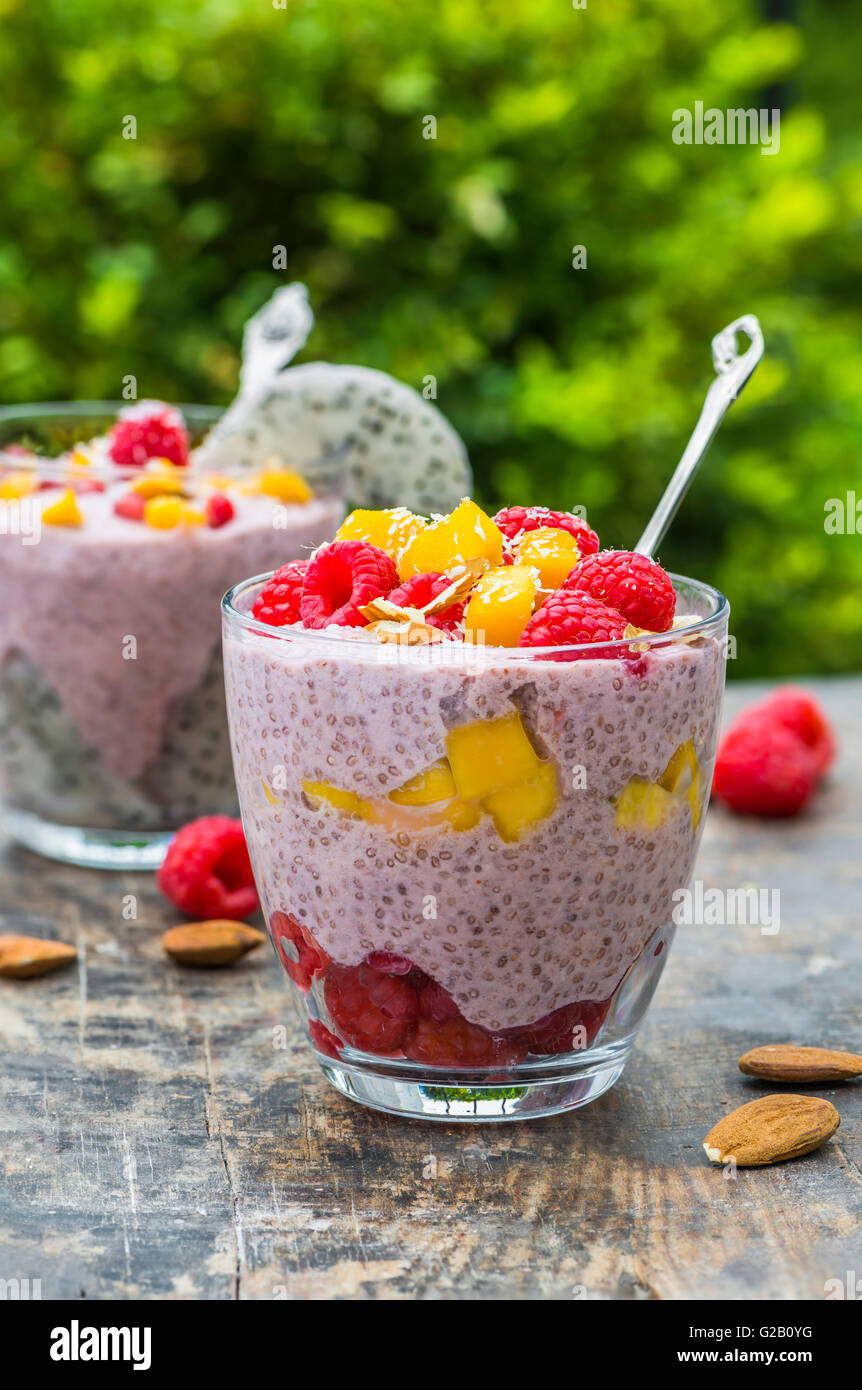 Raspberry Chia seed pudding layered and topped with fresh fruit Stock ...