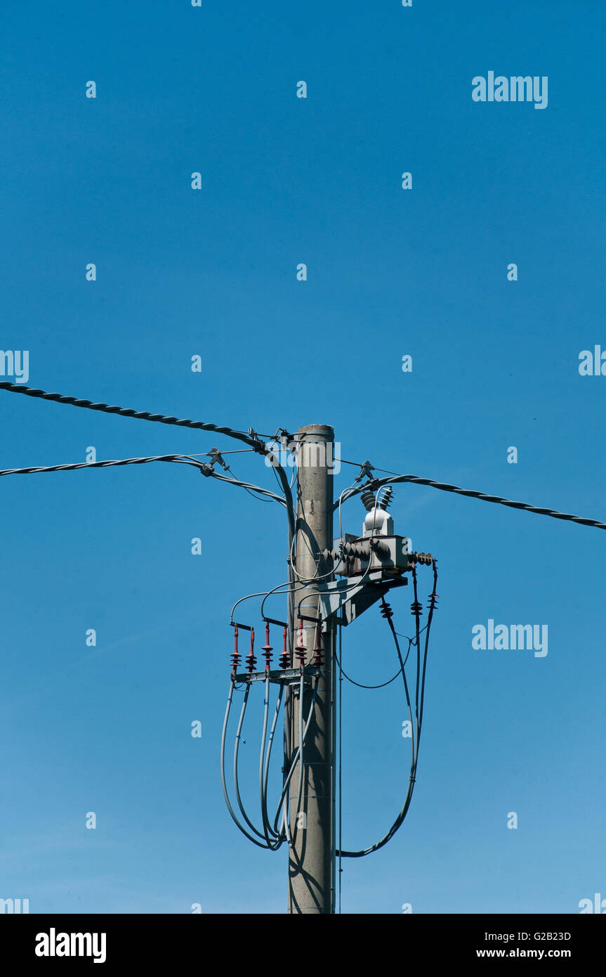 old light pole with wires and boxes of light, electricity Stock Photo ...