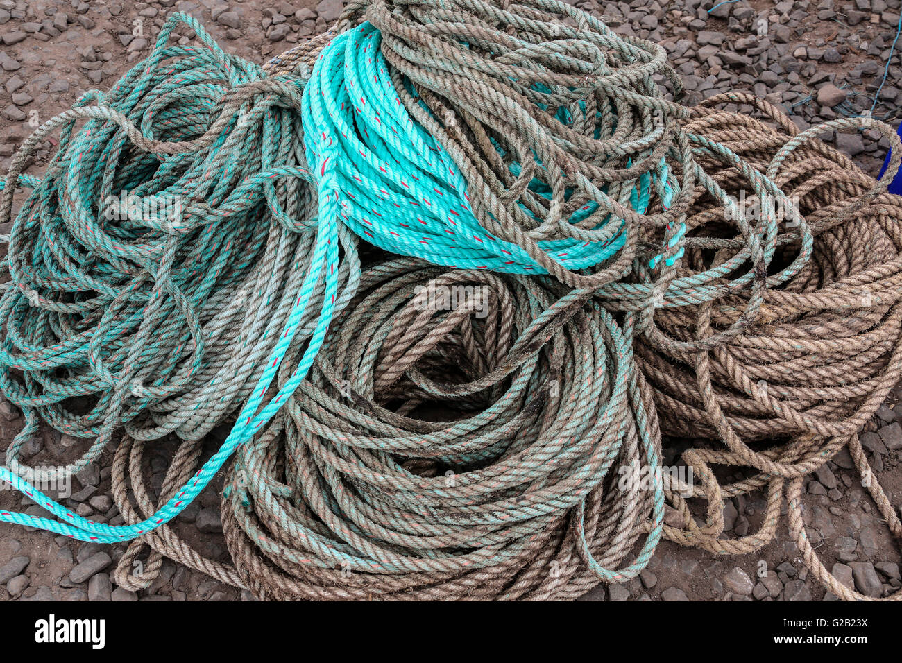 A pile of rope used on a fishing boat Stock Photo - Alamy