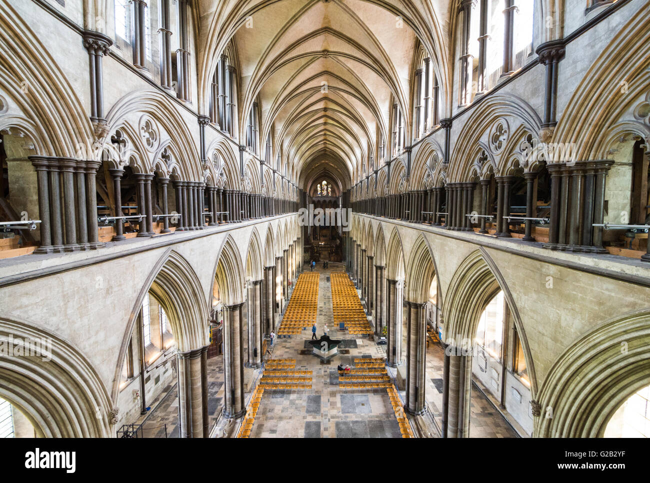 Long view inside Salisbury Cathedral from a first floor balcony Stock ...