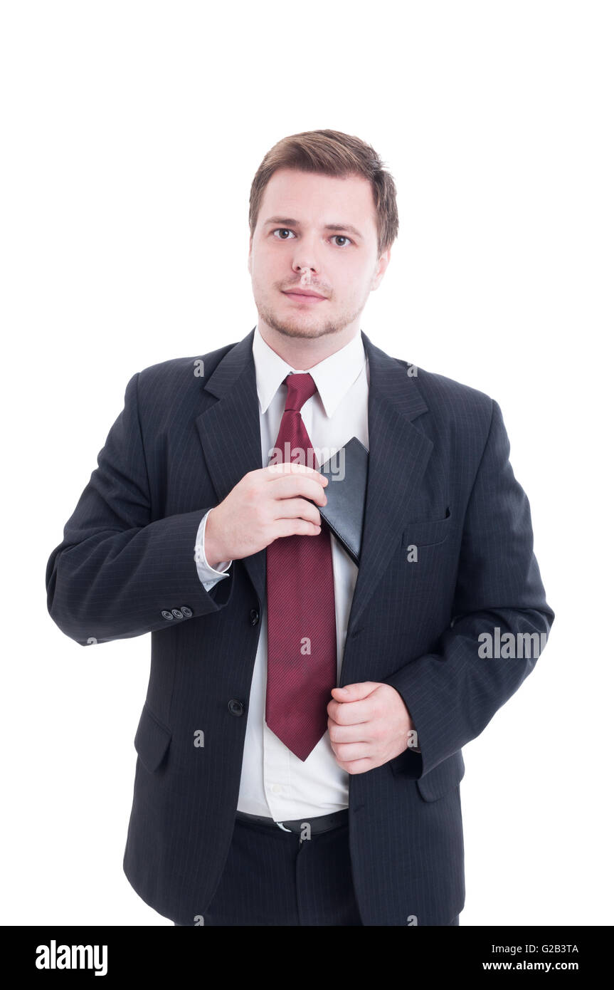 Cash payment concept with businessman pulling wallet from suit jacket ...