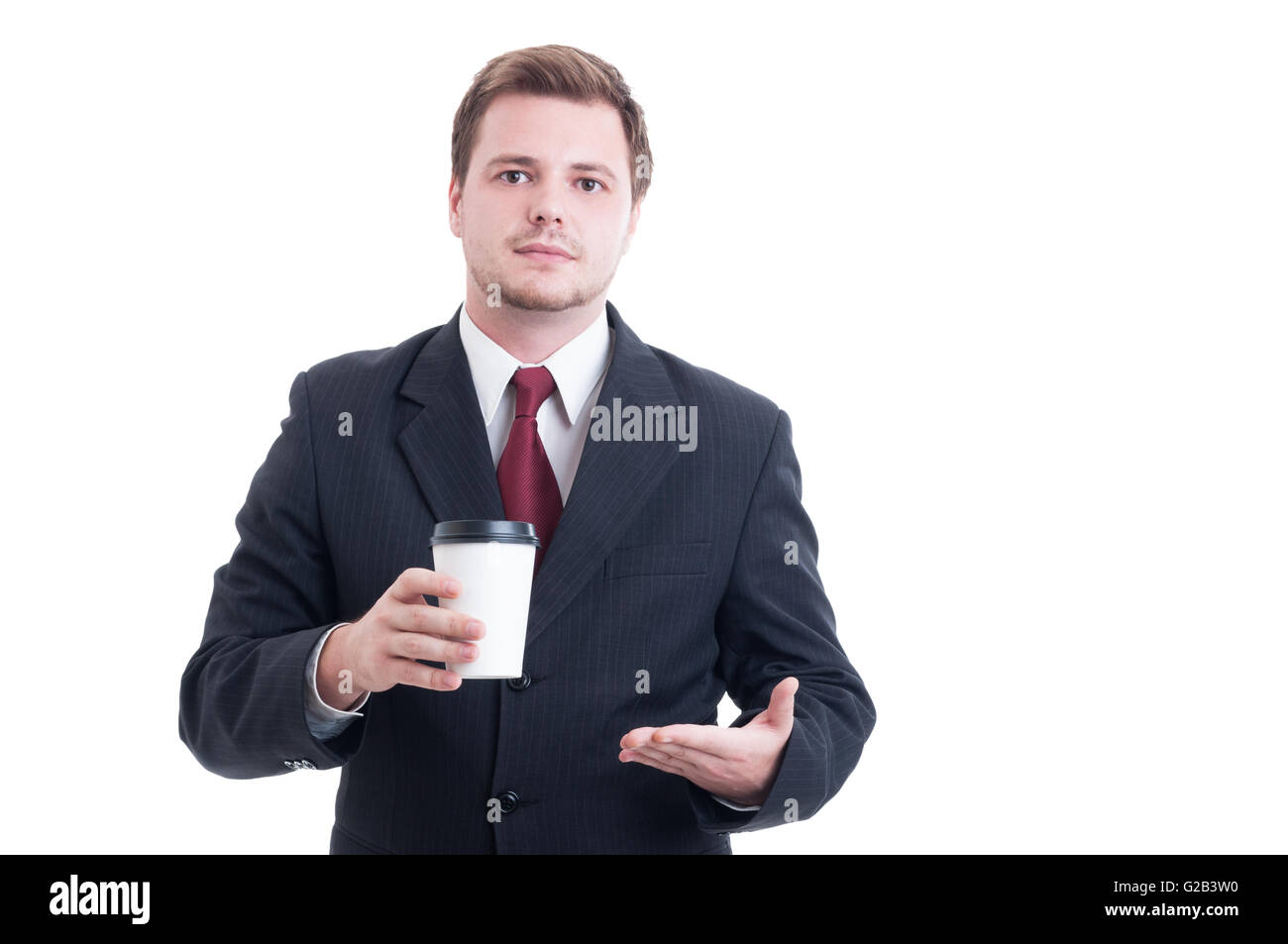 Elegant businessman advertising coffee to go isolated on white studio ...