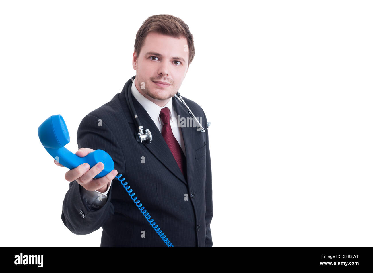 Hospital assistance or support medic giving phone as contact us concept ...