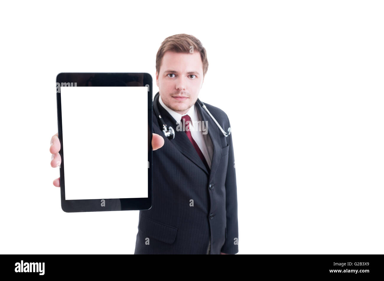 Medic or doctor showing tablet with empty white screen display as copy ... Medic or doctor showing tablet with empty white screen display as copy ...
