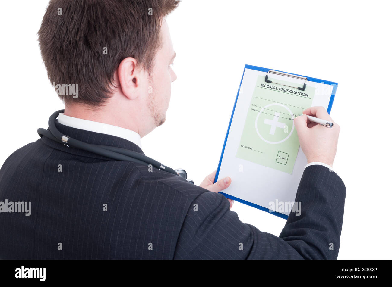 Medic or doctor writing medical prescription, rx or recipe concept ...