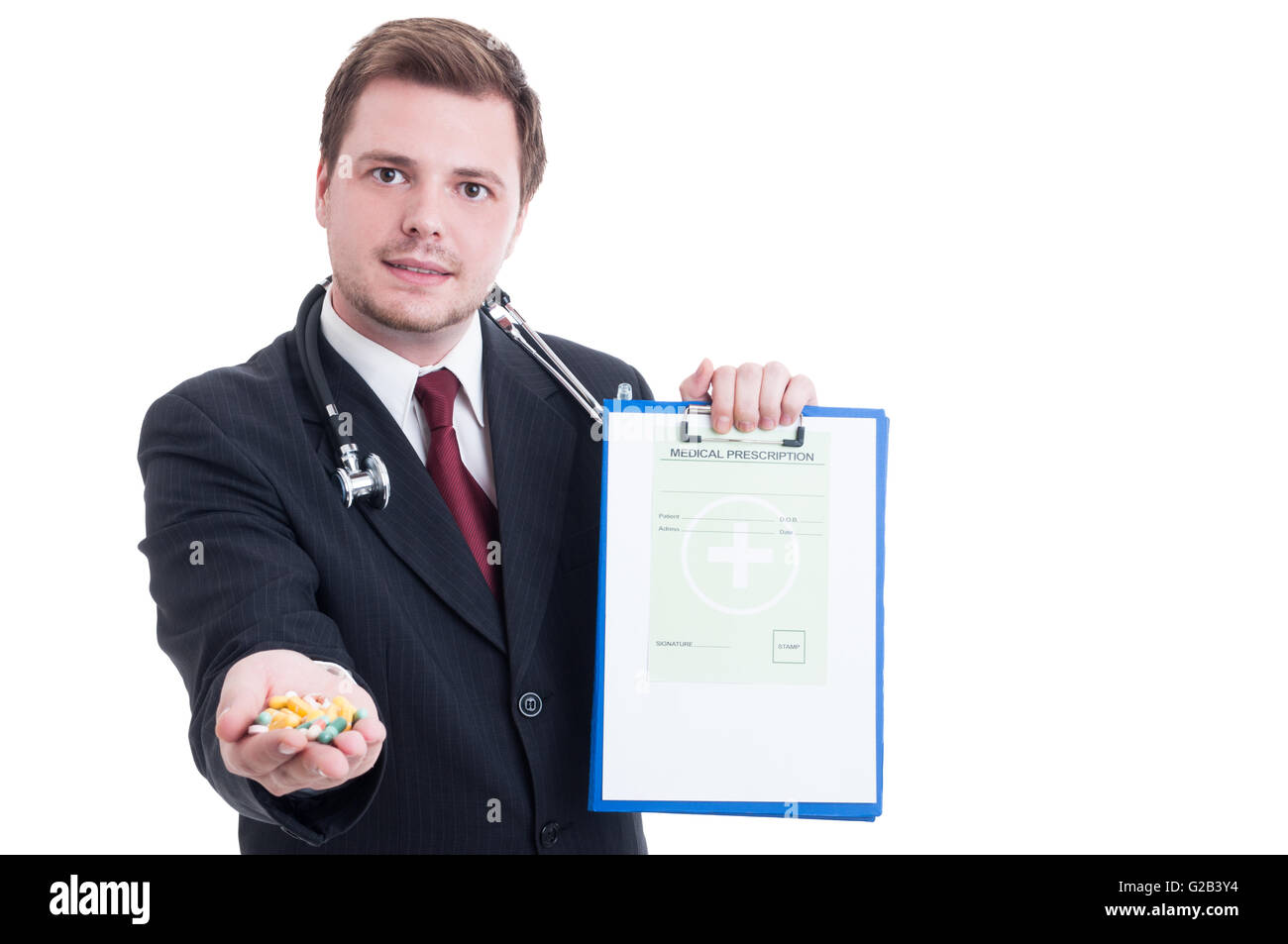 Doctor or medic offering medicine on medical prescription isolated on ...
