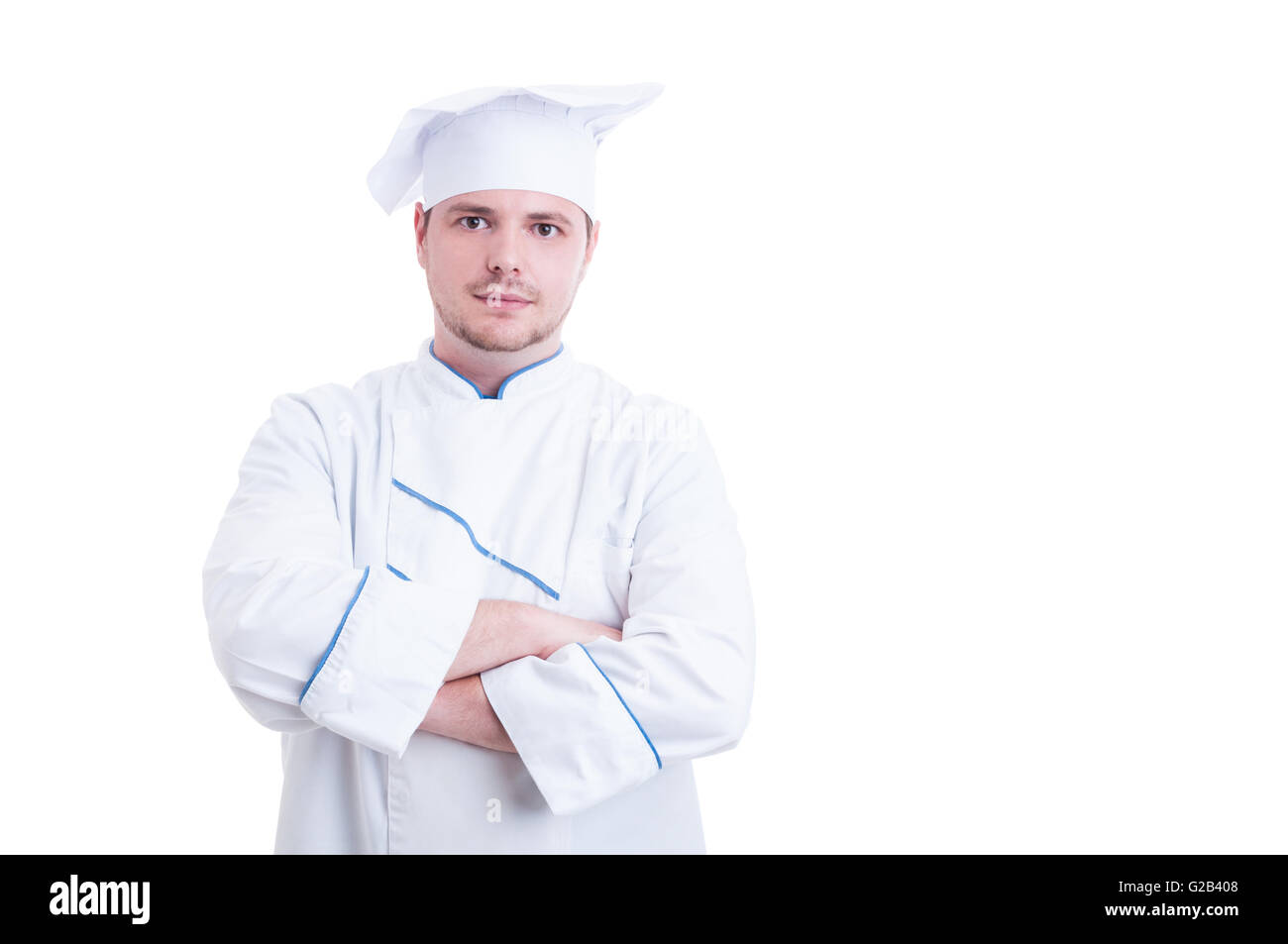 Confident cook or chef standing with arms crossed isolated on white ...