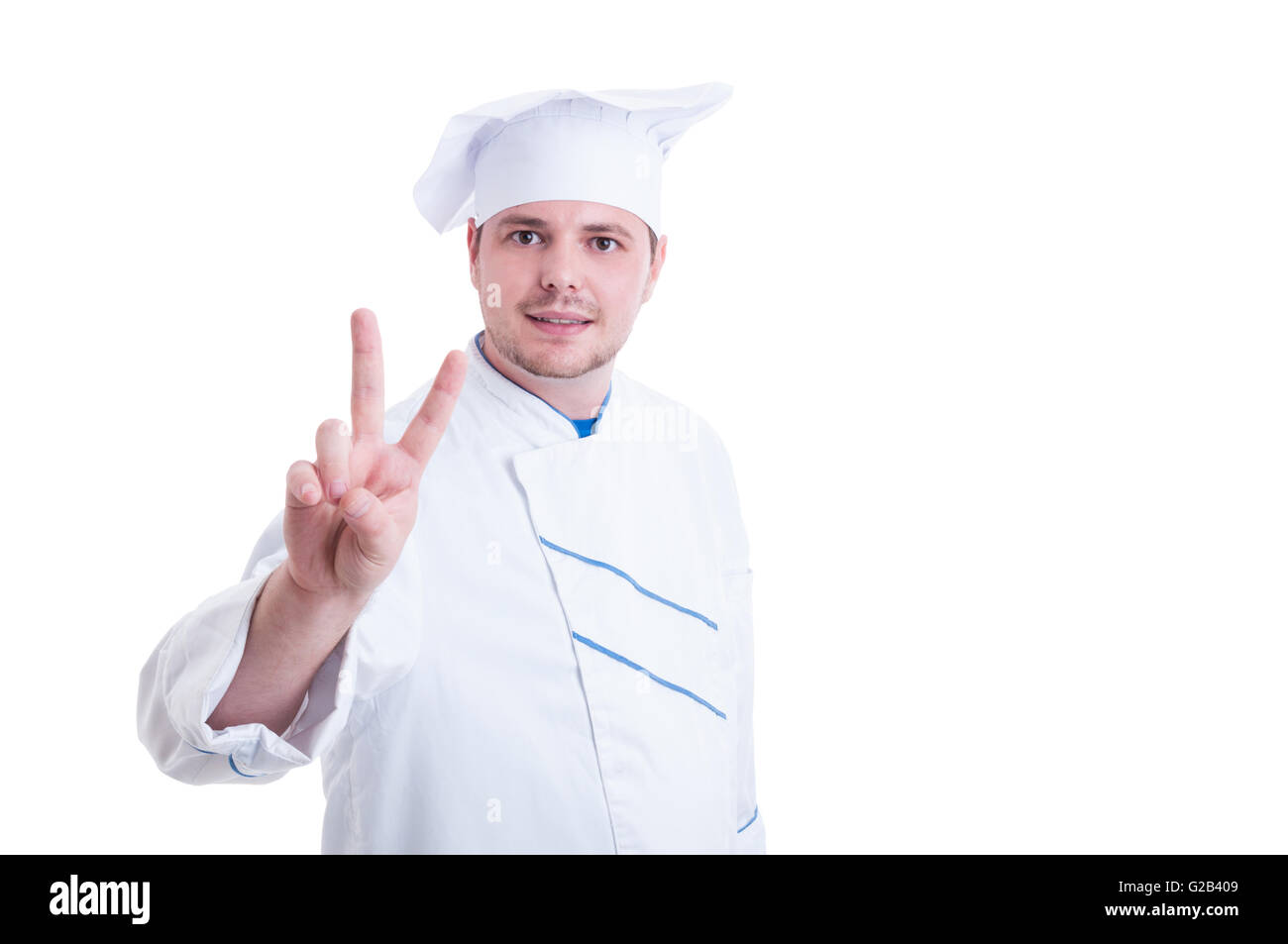 Confident cook or chef showing peace or victory gesture isolated on ...