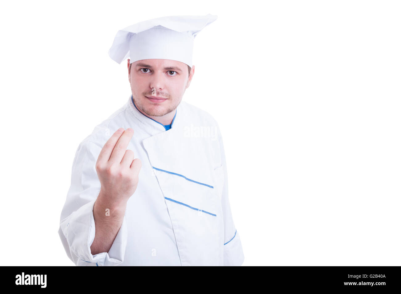 Confident cook or chef showing tasty and delicious gesture as italian ...