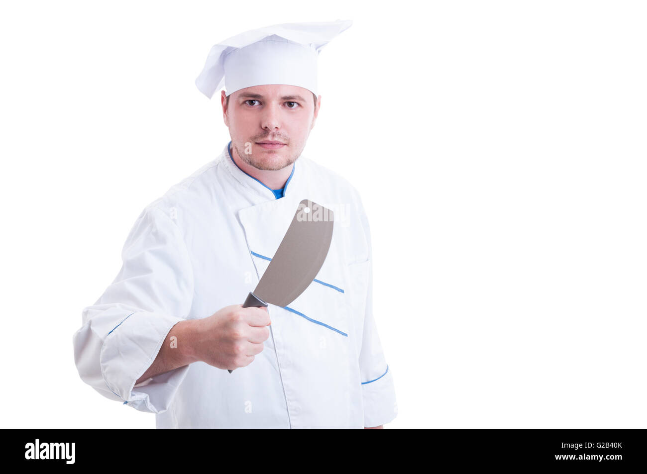 Chef or cook holding a big knife called cleaver isolated on white Stock ...