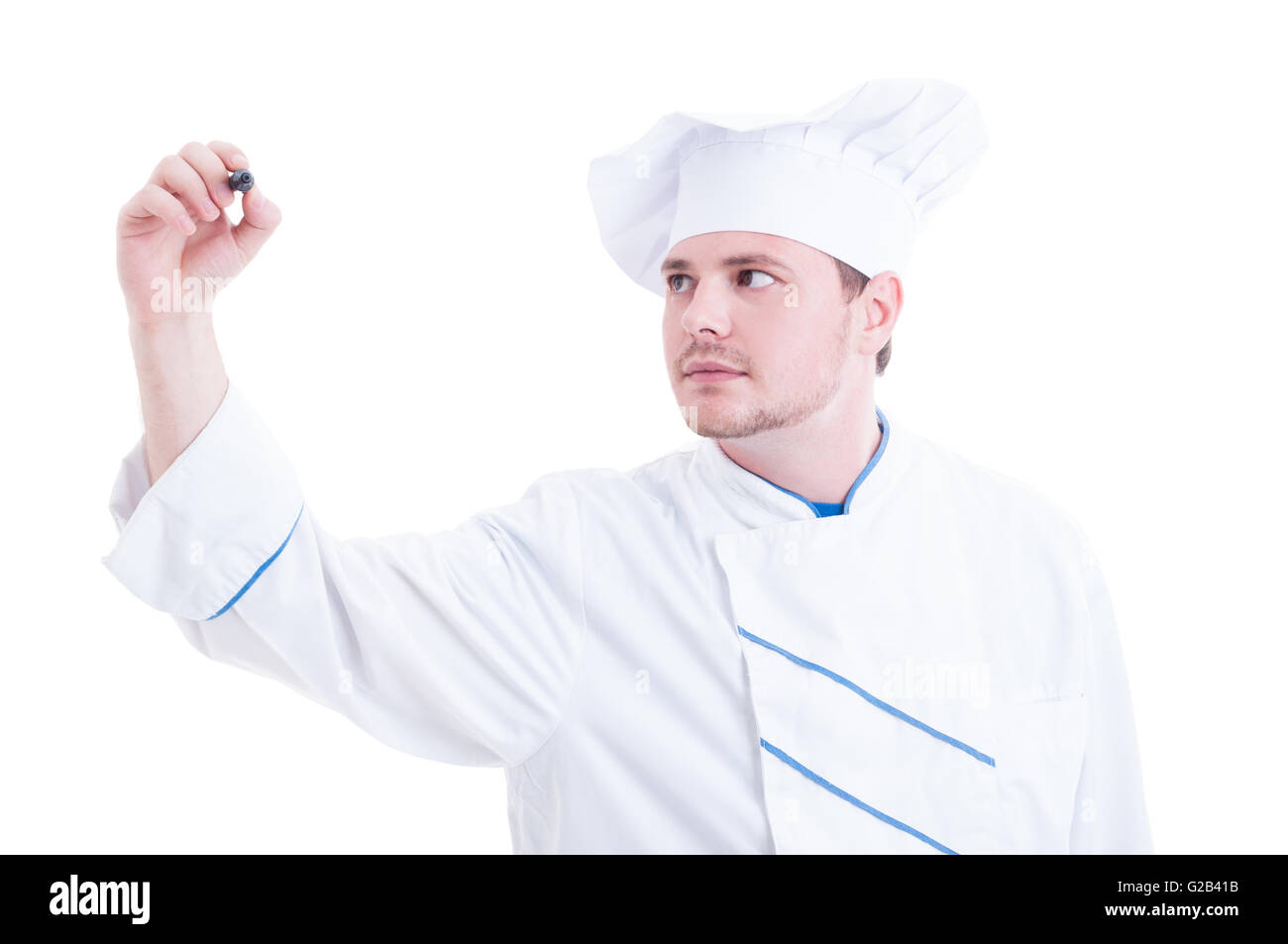 Chef or cook writing with pen on transparent screen with advertising ...