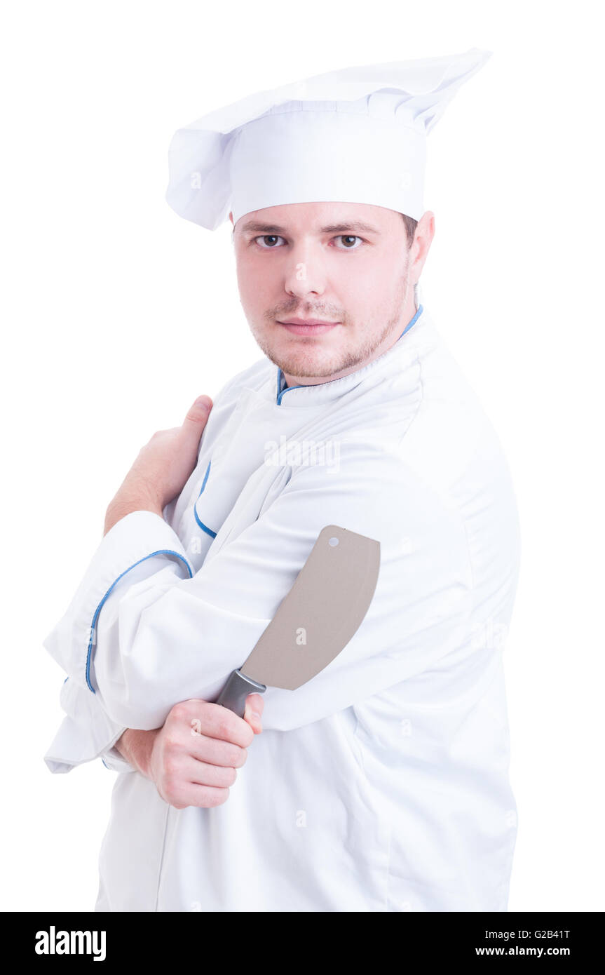Confident chef or cook holding big knife cleaver posing isolated on ...