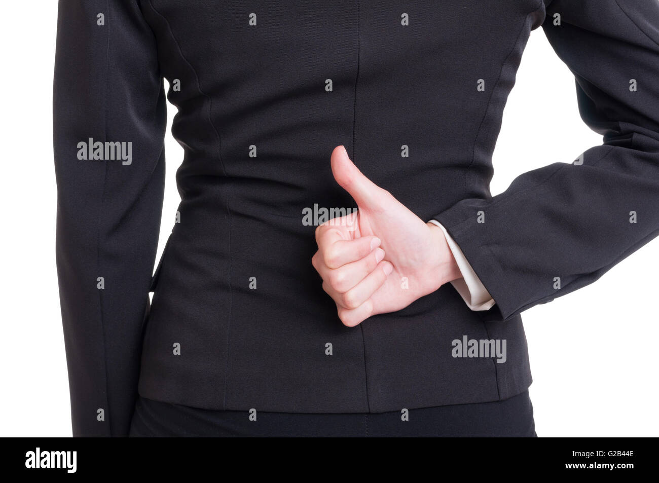 Business woman hand showing like or thumbup gesture behind back on ...