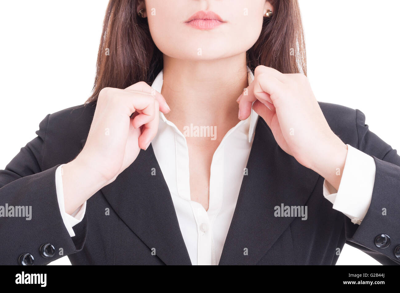 Woman adjusting shirt collar hi-res stock photography and images - Alamy