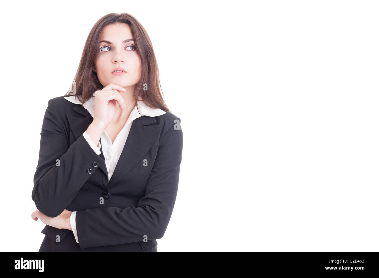 Beautiful and smart business woman thinking isolated on white studio ...