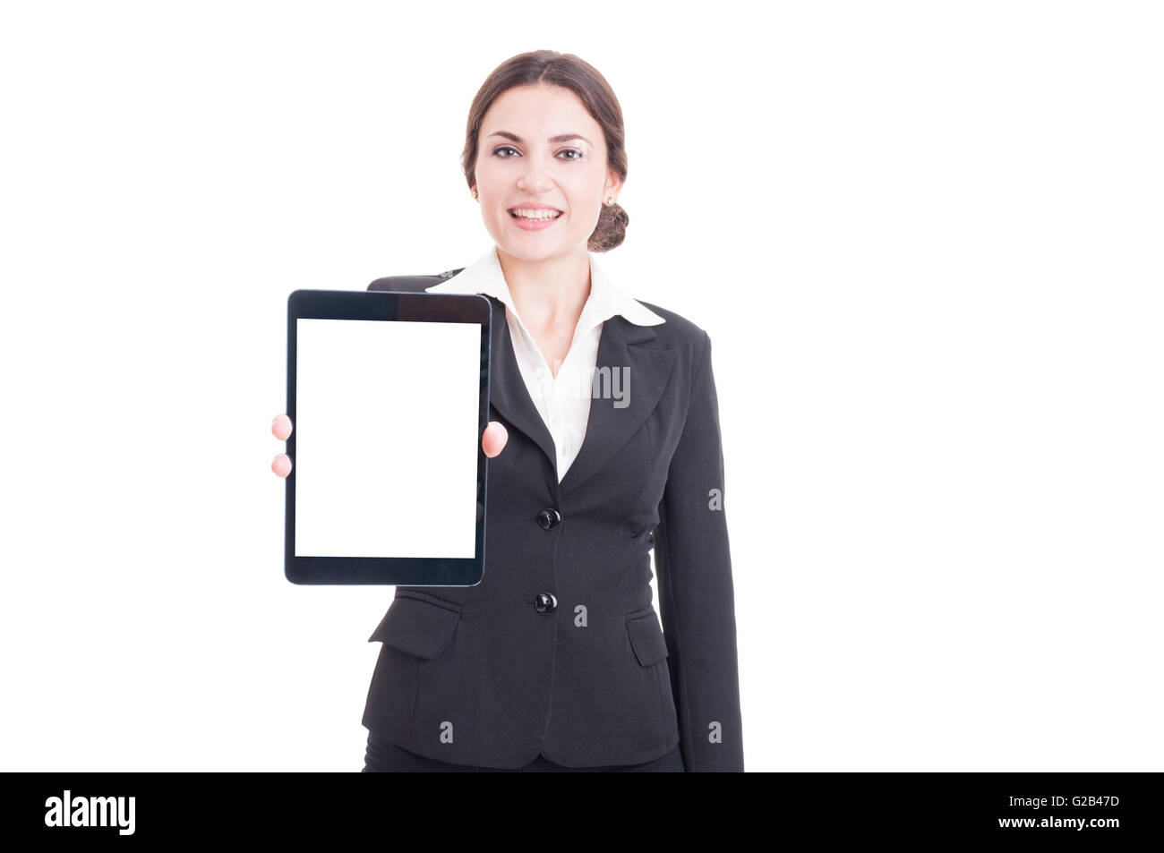 Young smiling business woman showing tablet with blank display isolated ...