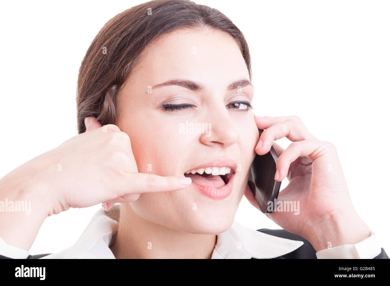 Beautiful face of beautiful female contact person showing call gesture ...