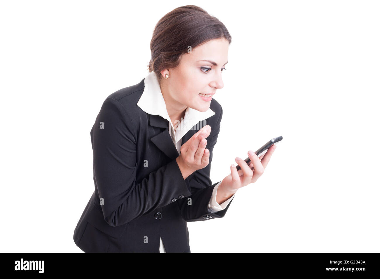 Modern and bossy female manager explaining something over video call ...