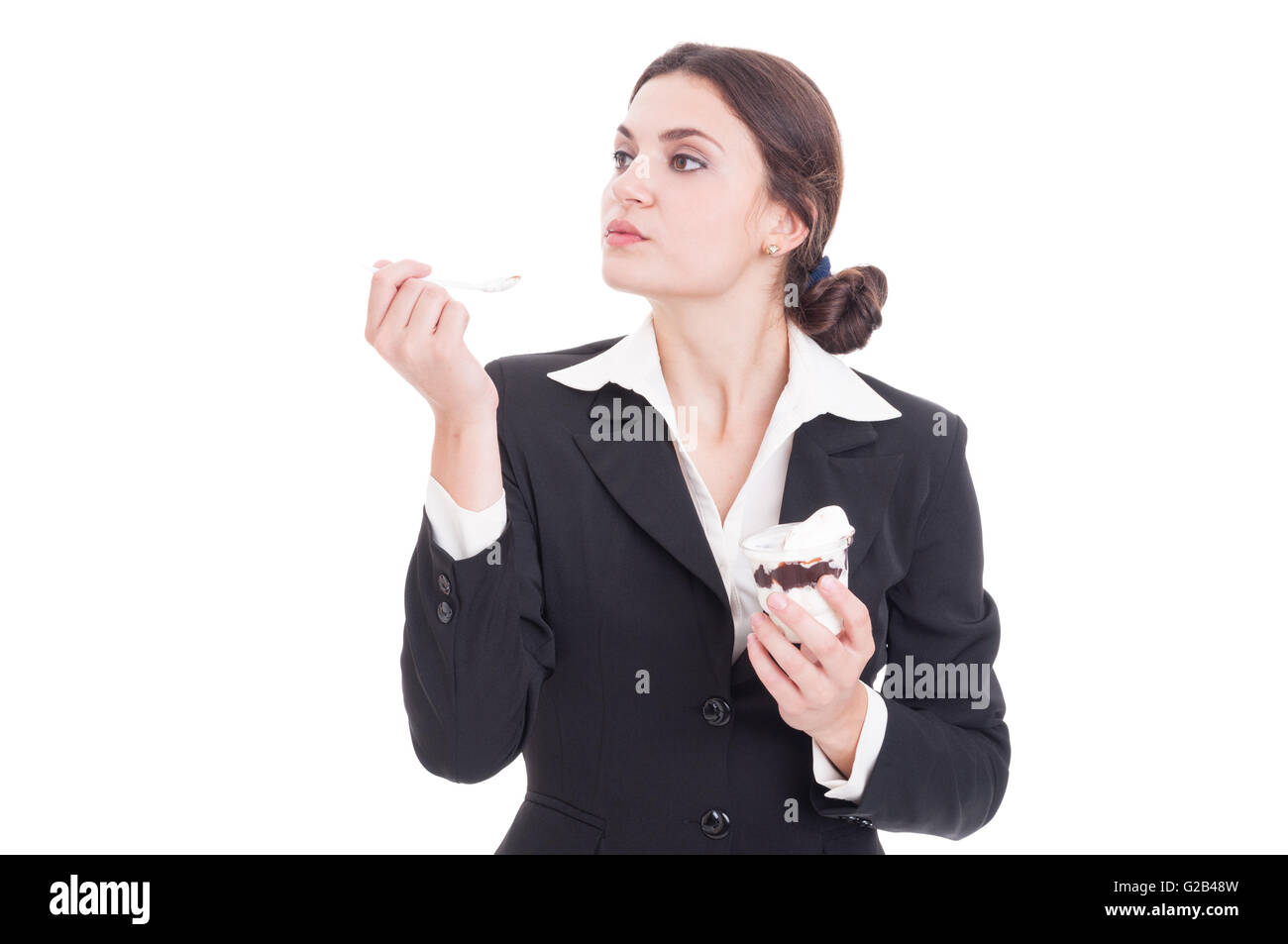 Business woman taking an ice cream break or pause concept isolated on ...