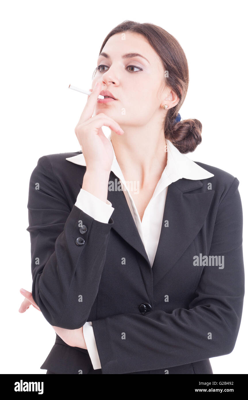 Young and beautiful business woman smoking a cigarette isolated on ...