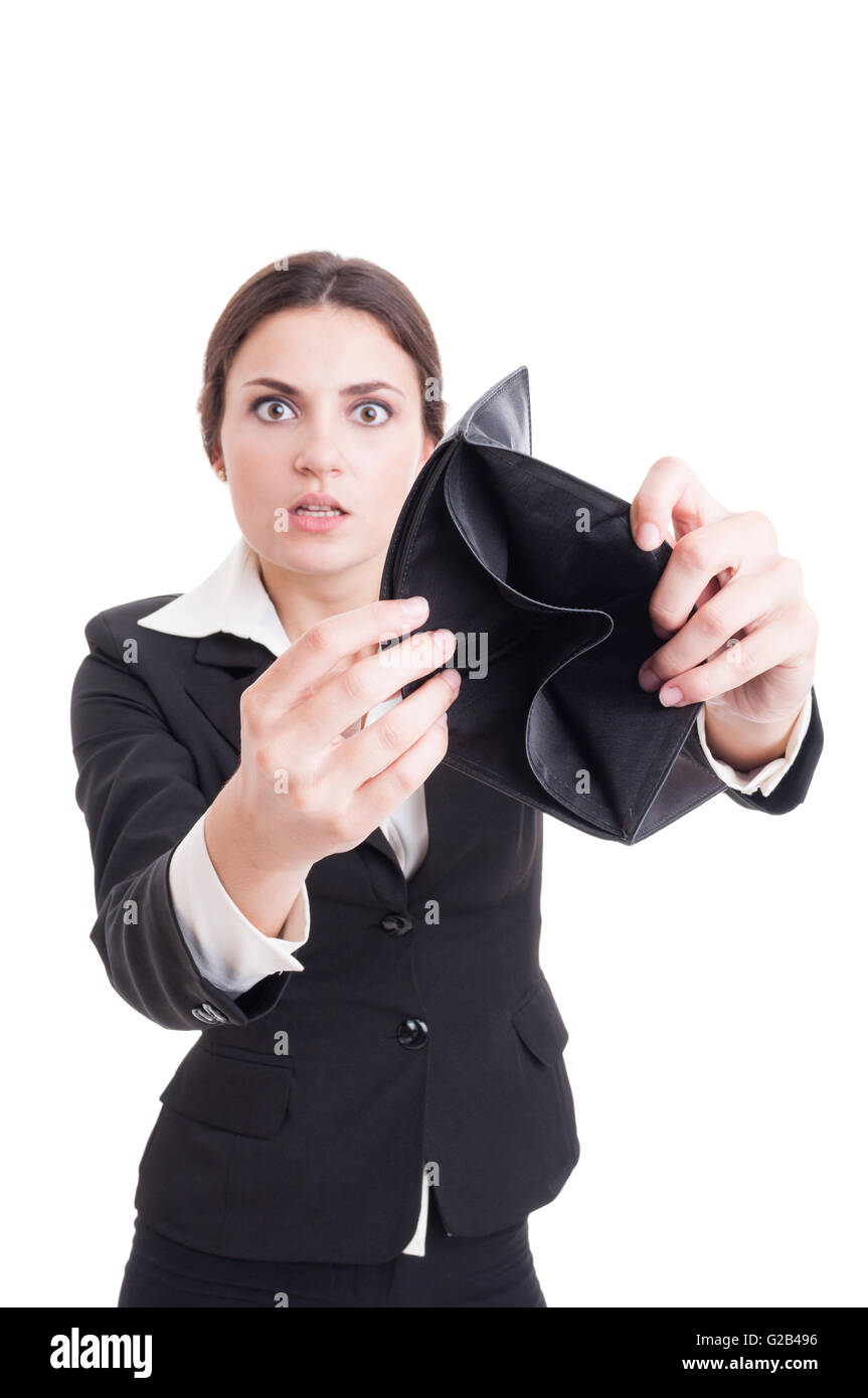 Scared and surprised business woman showing empty wallet as broke or ...