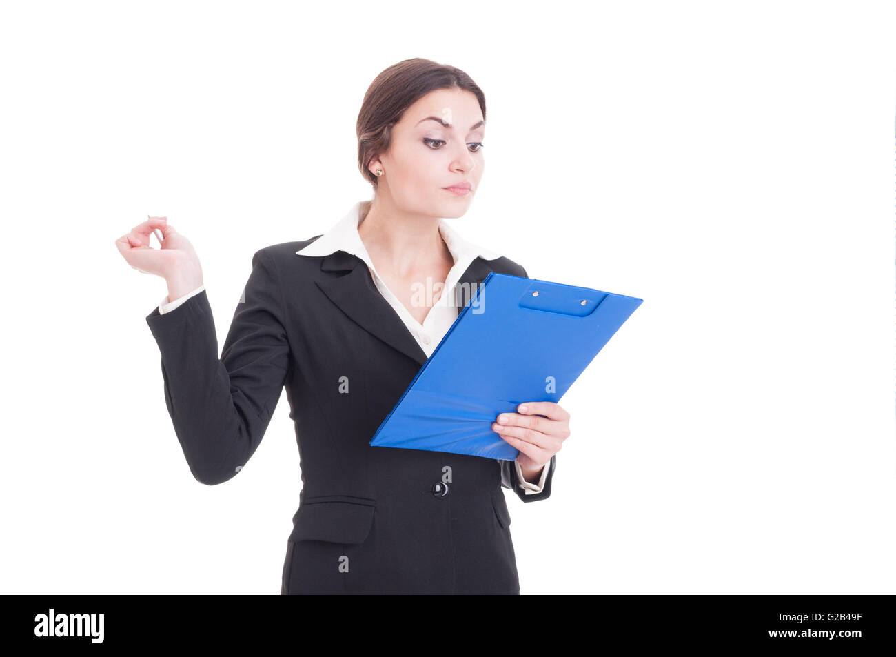 Busy and arrogant woman business inspector or supervisor holding ...