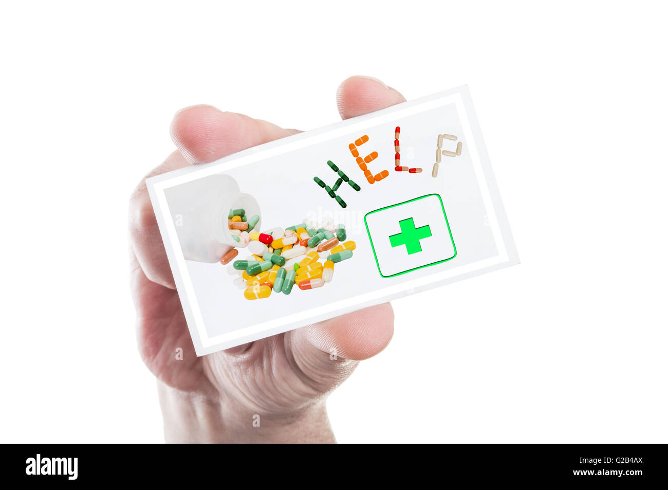 Hand holding pharmacy help or assistance card with pills and red cross ...