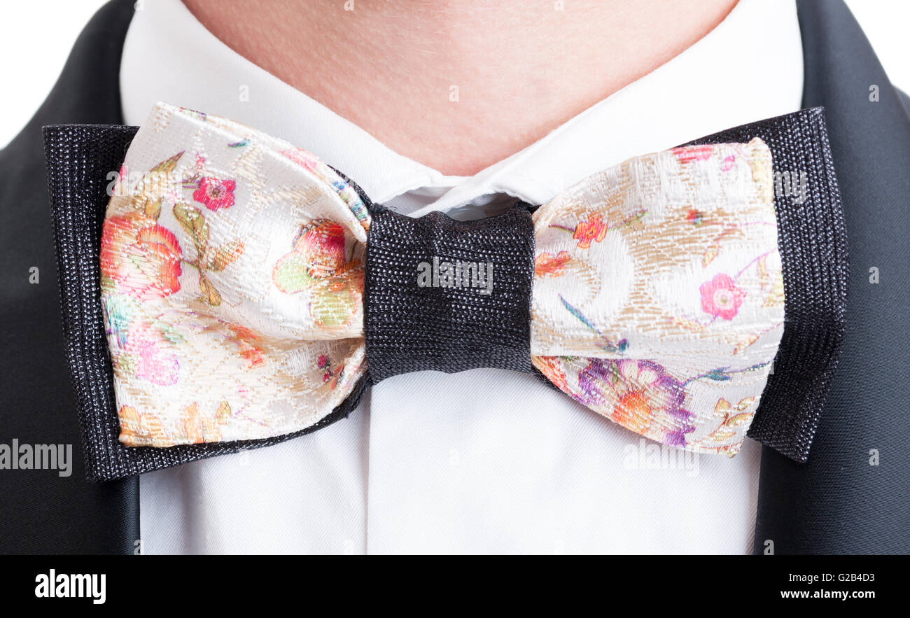 Closeup detail of custom made colored flowers bow tie Stock Photo - Alamy