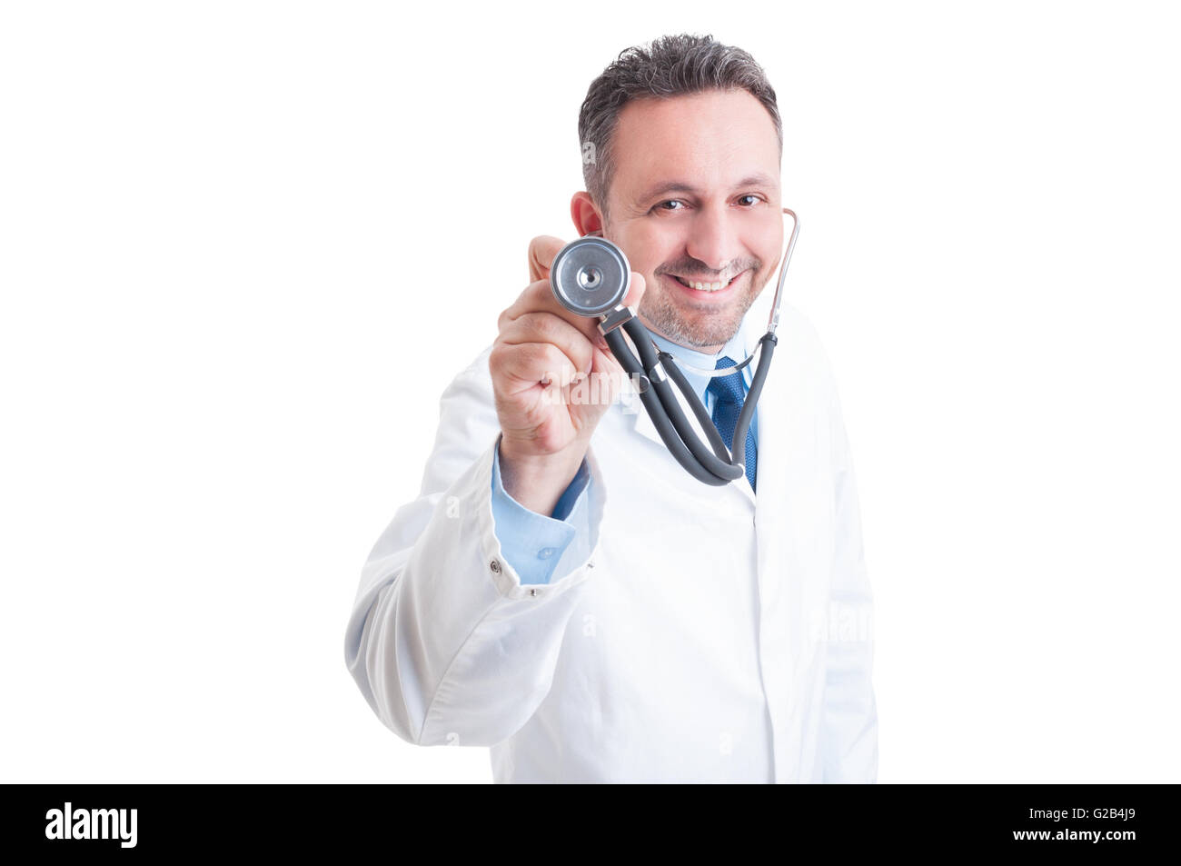 Friendly smiling medic or doctor holding stethoscope isolated on white ...