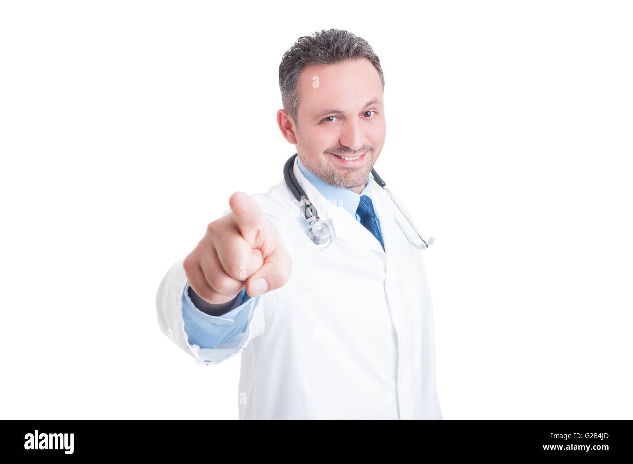 Handsome young doctor pointing finger at the camera or you smiling ...