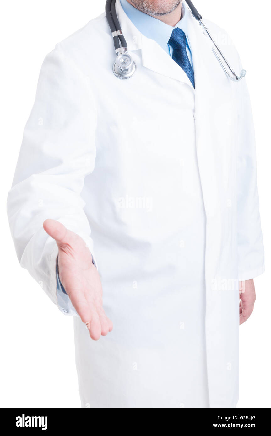Anonymous doctor or medic offering handshake as deal and partnership ...