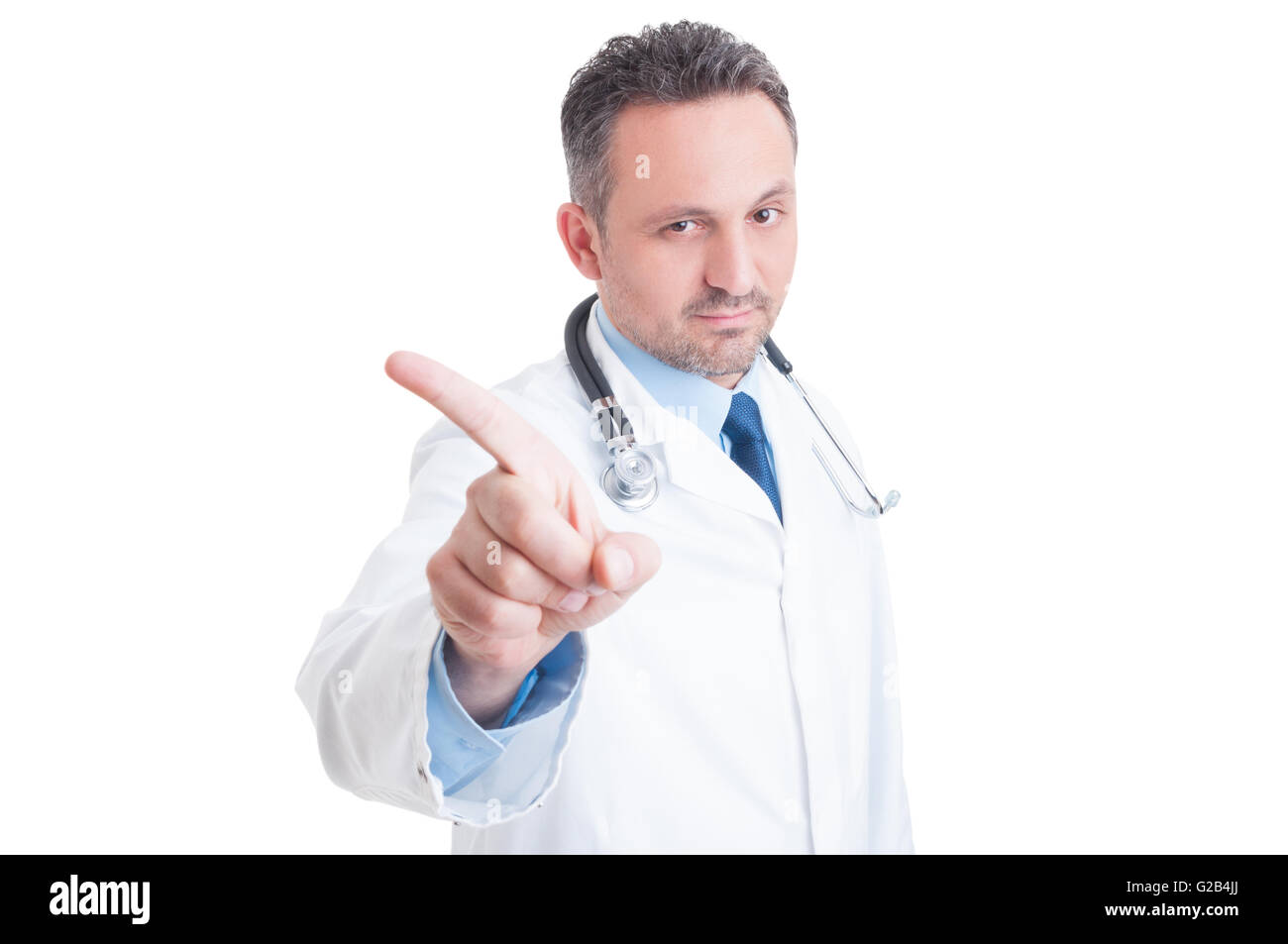 Doctor or medic saying no and making refuse gesture with index finger ...