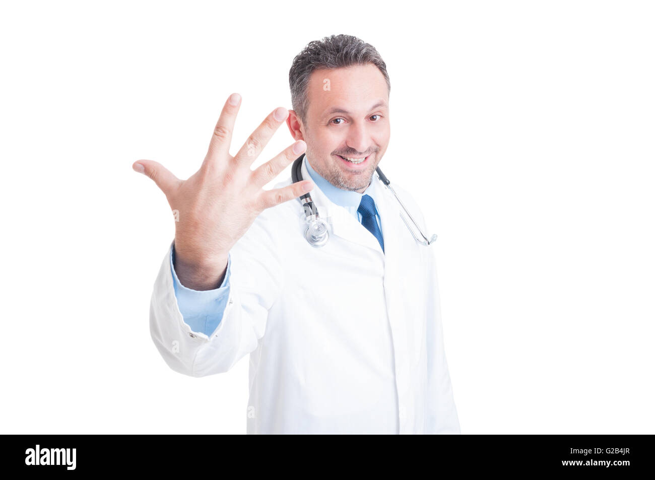Smiling doctor showing number five or fifth concept isolated on white ...