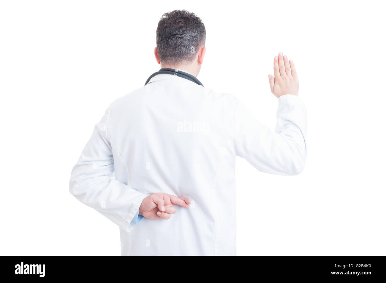Anonymous doctor or medic making false oath with crossed fingers behind ...