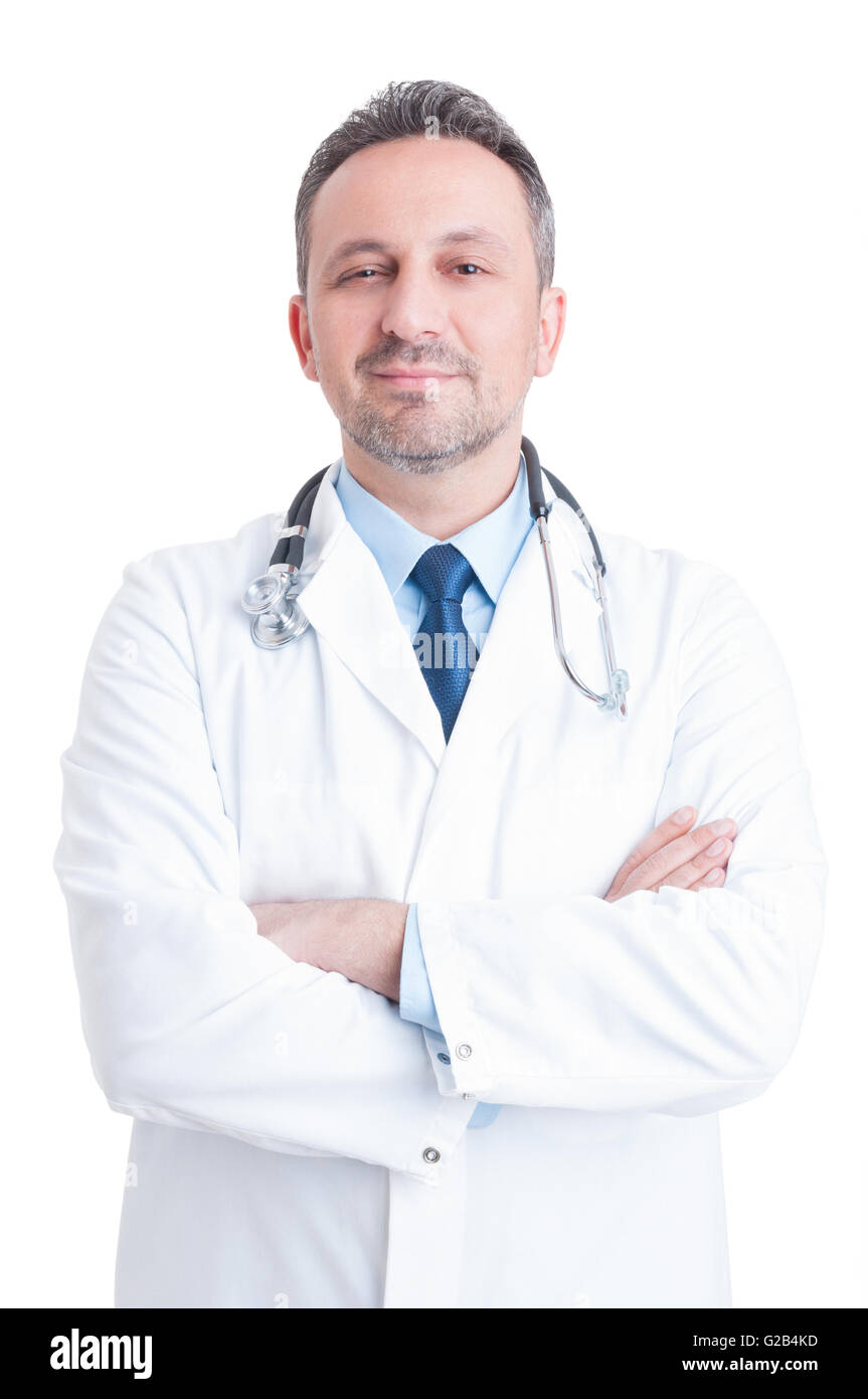 Young handsome and trustworthy male doctor or medic standing with arms ...
