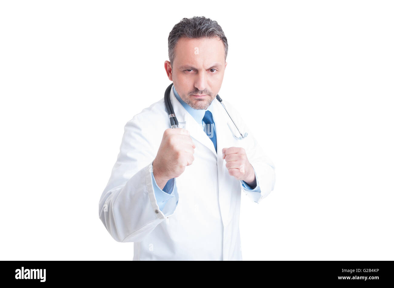 Handsome medic or doctor showing fists and threatening isolated on ...