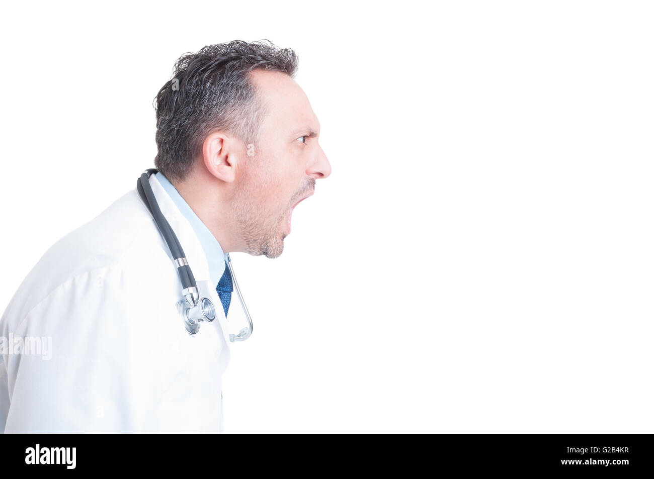 Side view of angry medic or doctor yelling and shouting isolated on ...