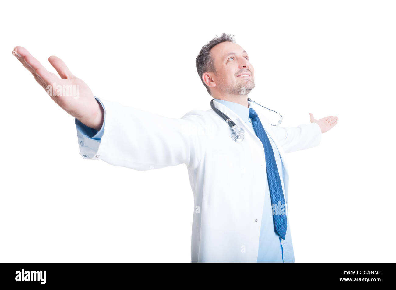 Successful medic or doctor spreading arms wide isolated on white ...