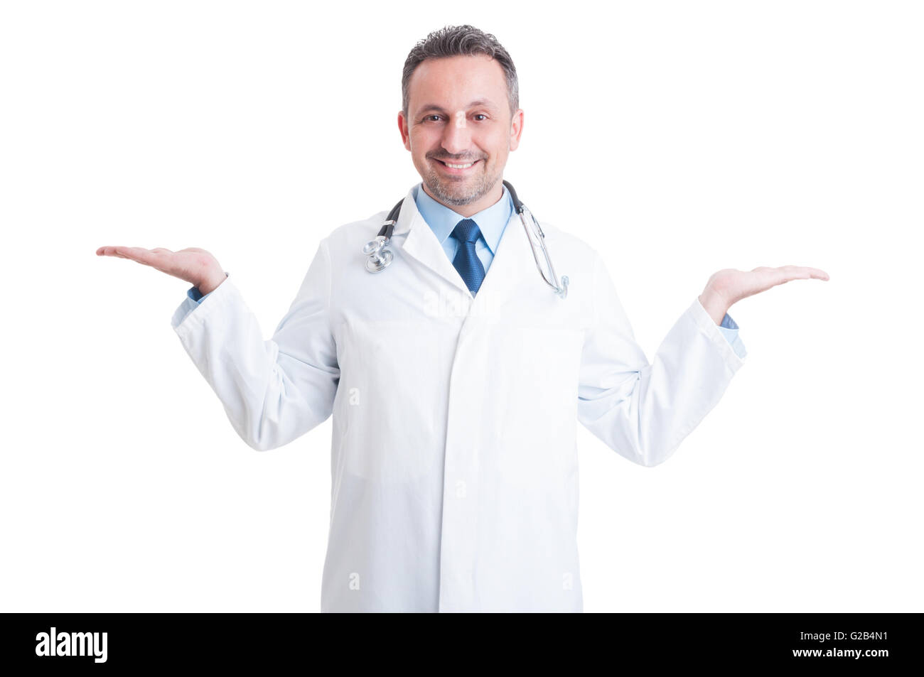 Medic or doctor holding blank copy space on both hands isolated on ...