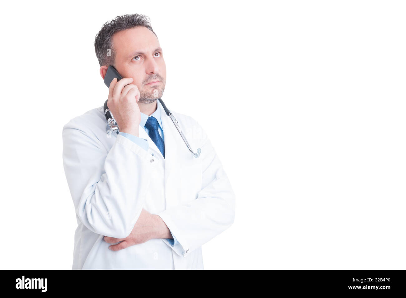 Medic or doctor making phone consultation isolated on white copy and ...