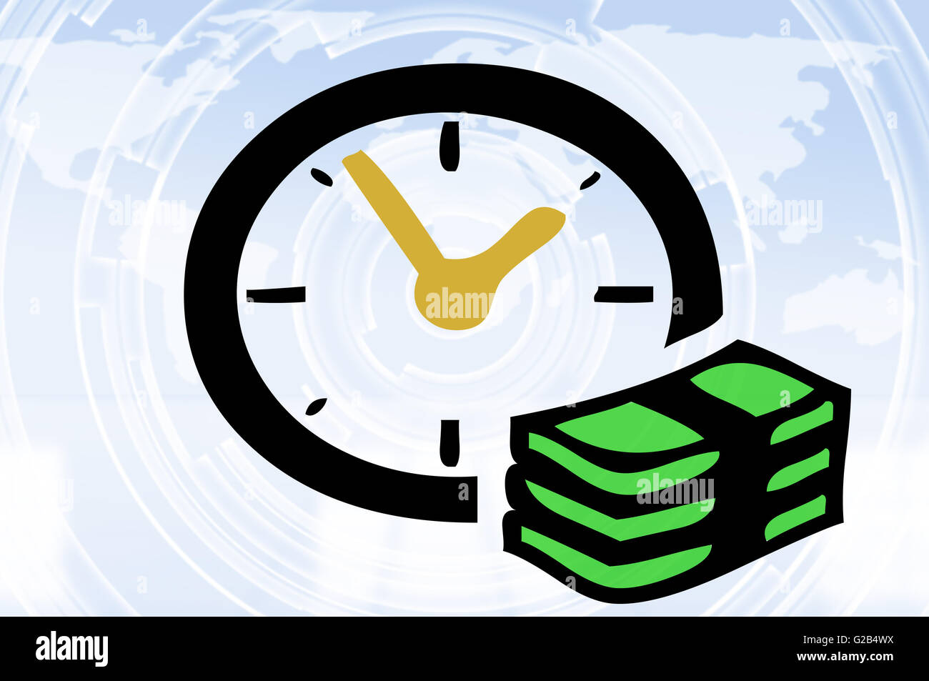 Time is money concept with clock, banknotes and world map background ...
