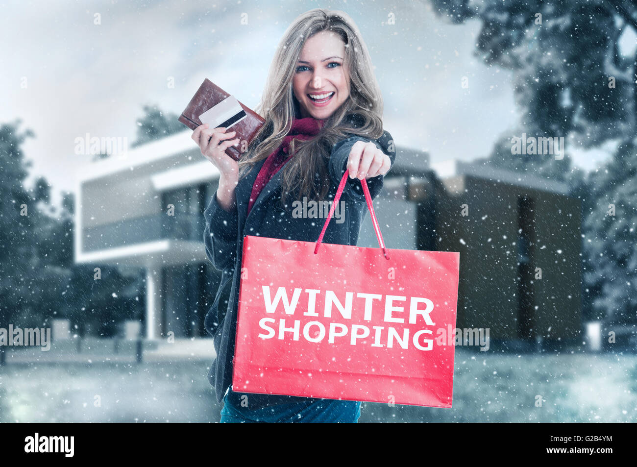 Winter shopping woman concept with snowing outdoor background Stock ...