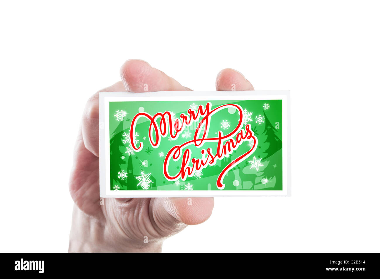 Hand holding xmas greeting card isolated on white Stock Photo - Alamy