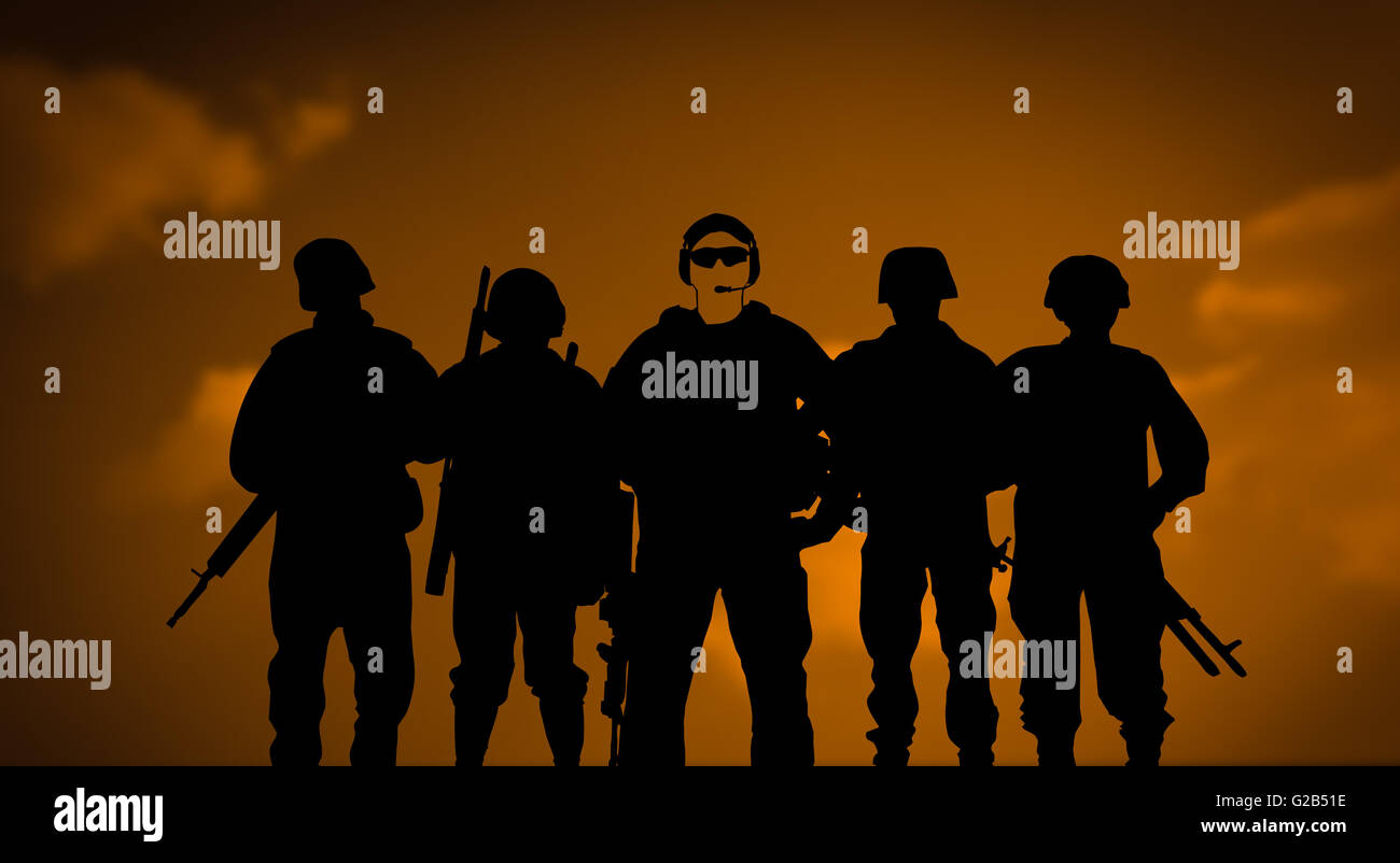 Mercenaries or private army concept with soldiers silhouettes on sunset ...