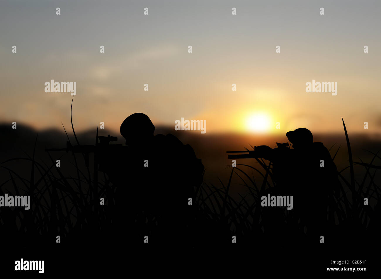 Army soldiers on mission concept on sunset background with copy space ...