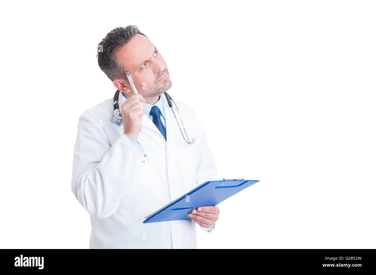 Smart doctor or medic holding clipboard and thinking isolated on white ...