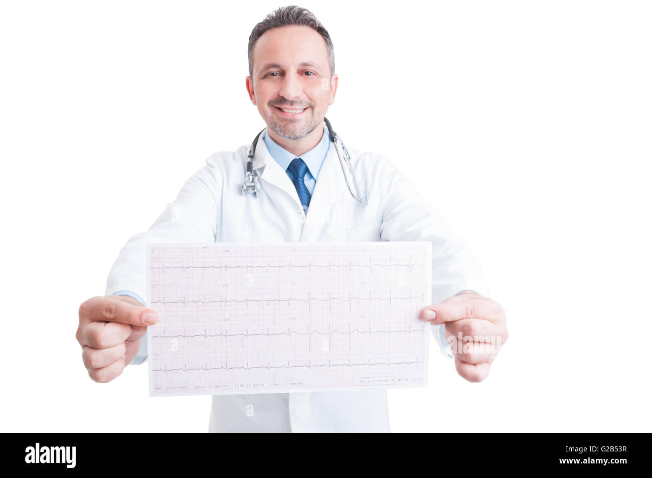 Encouraging cardiologist showing healthy ekg or eletrocardiogram ...